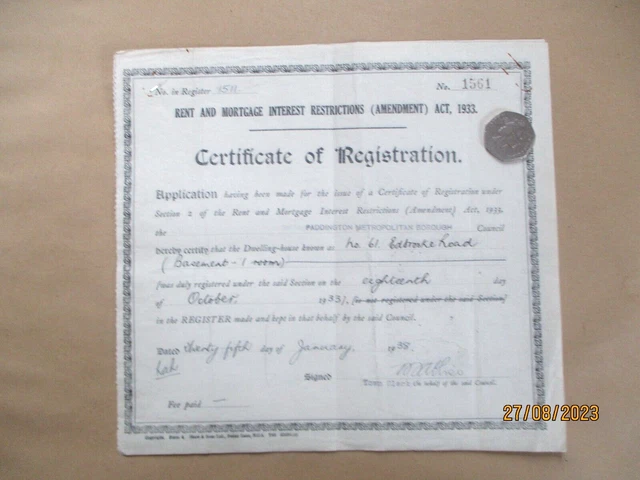 CERTIFICATE OF REGISTRATION X 2-1933 -See Below & Photo For Details-B5 ...