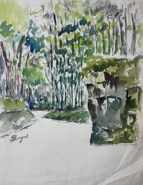 ANTIQUE SIGNED DRAWING, undergrowth path, sketch, watercolor, landscape ...