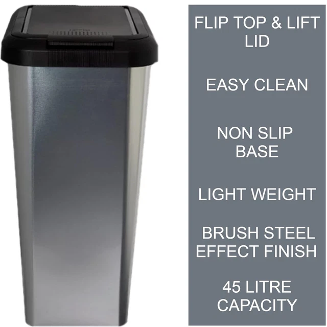 SILVER KITCHEN BIN 45 Litre 45L Swing Bin Lift Top Bin Heavy Duty Long ...