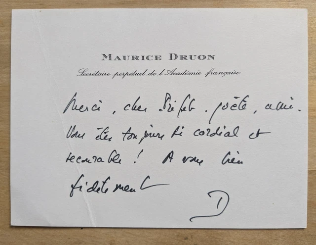 MAURICE DRUON CARTE signée signature autographe lettre manuscrite ...