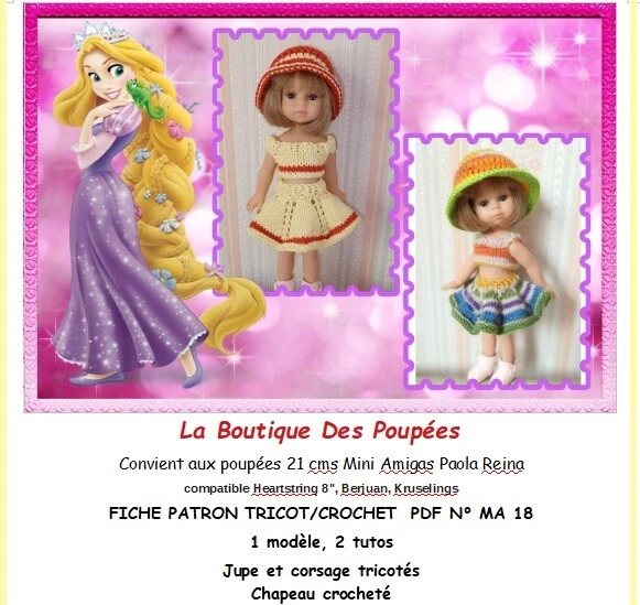 TUTO FICHE PATRON N° MA18 vêtements tricot poupée 21 cms Mini Las Amigas Paola EUR 4,50 ...