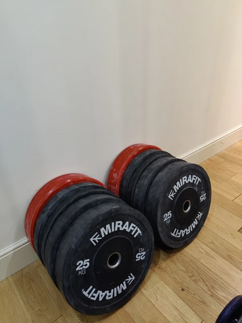 MIRAFIT BLACK OLYMPIC RUBBER BUMPER PLATES 140kg set and BONUS pair of ...