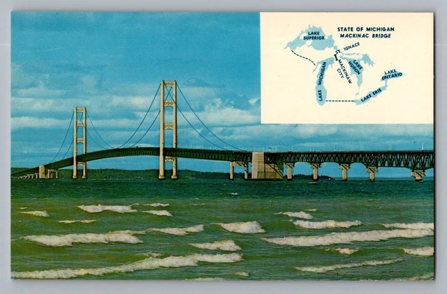 MICHIGAN MI MACKINAC Bridge Great Lakes Map Vintage Postcard 1962 EUR 7 ...