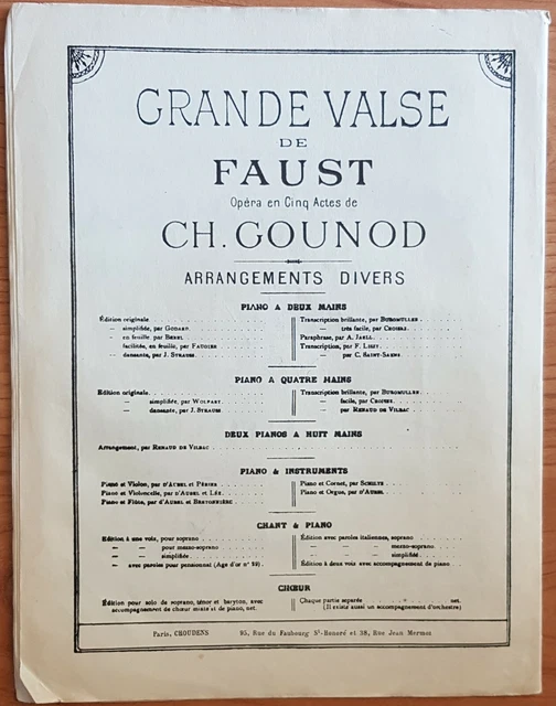 FAUST VALSE CÉLÈBRE pour Piano par Ch.GOUNOUD N°1 Edition originale ...