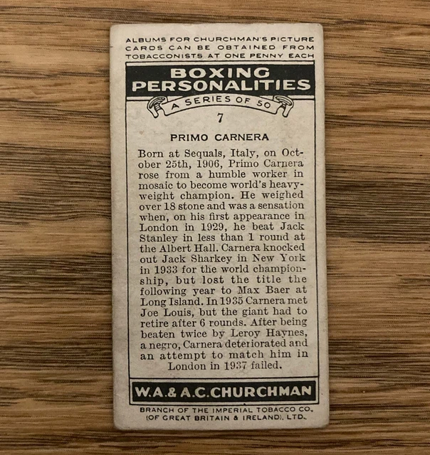 CHURCHMAN’S CIGARETTES CIGARETTE Card Boxing Personalities 7 Primo ...
