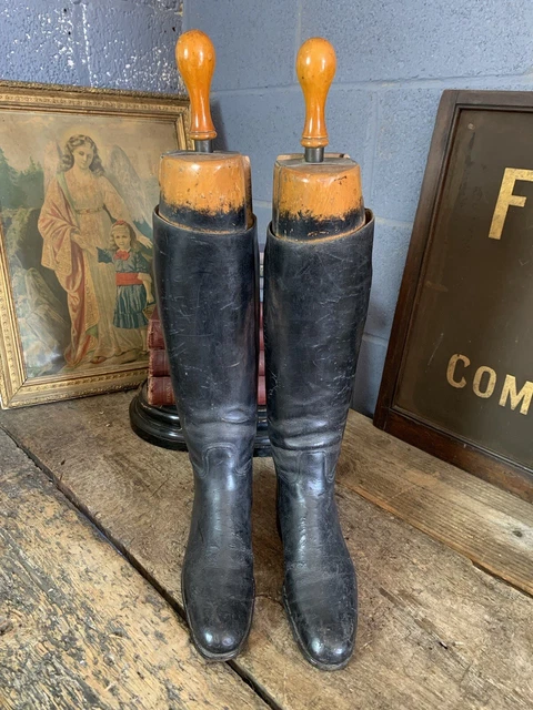 ANTIQUE 19TH CENTURY Tall Pair Of Leather Riding Boots Wooden Brass ...