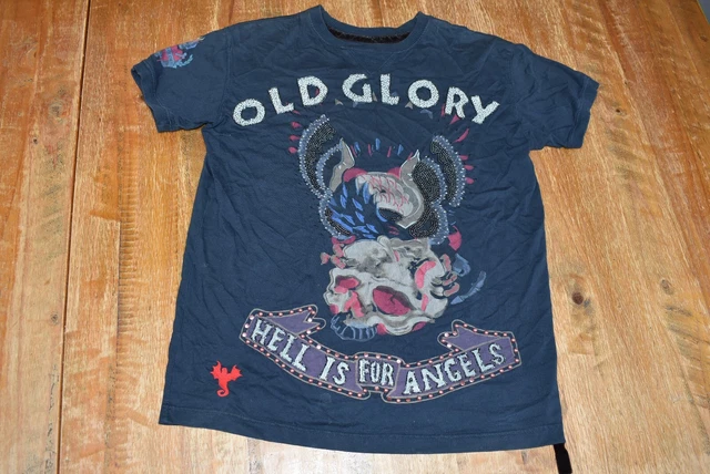RARE OLD GLORY Blue Embellished Hell is for Angels T-shirt à manches ...