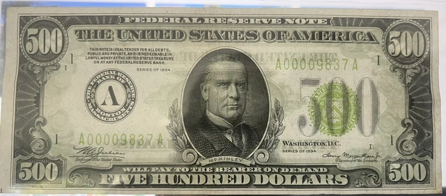 1934 $500 FEDERAL Reserve Note Boston District Light Green Seal £1,643. ...