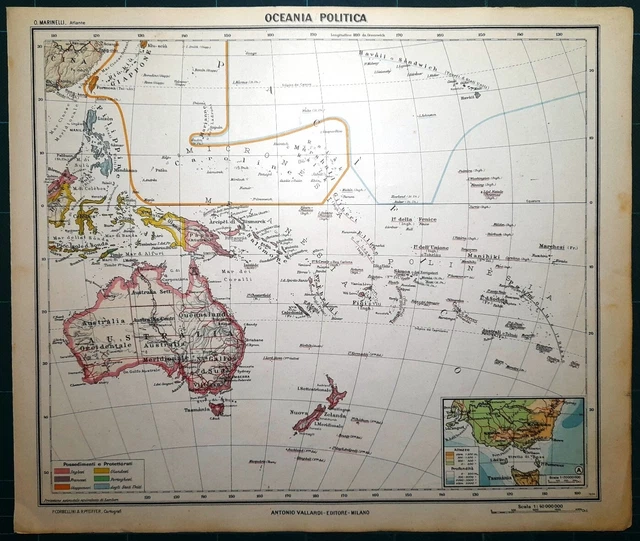 CARTA GEOGRAFICA ANTICA OCEANIA AUSTRALIA ante 2 guerra mond 1936 ...