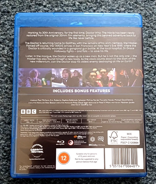DOCTOR WHO THE MOVIE BLU RAY Paul McGann. 2026 Remaster. 2 Discs. DISCS ...
