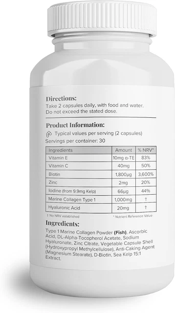 HEY NUTRITION COLLAGEN Complex Hyaluronic Acid & Sea Kelp Vitamin E, C ...