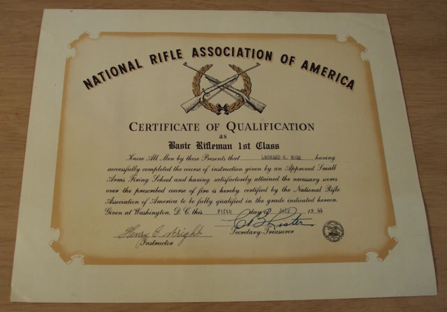 1944 &CERTIFICATE OF QUALIFICATION"~Rifleman 1st Class~National Rifle ...