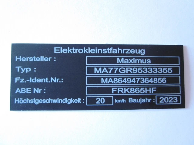 SCHILD ELEKTROKLEIFAHRZEUG TYPENSCHILD E Scooter E Roller Quad KFZ Bike ...