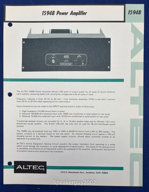 VINTAGE ALTEC LANSING Spec Sheet / 1594B Amplifier £10.28 - PicClick UK