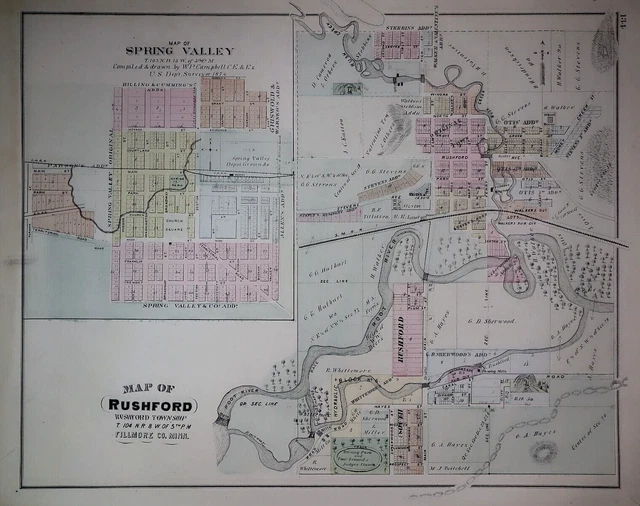 ORIGINAL 1874 PLAT Map ~ RUSHFORD, SPRING VALLEY Twp., MINNESOTA ...