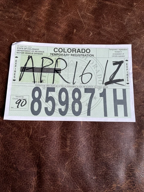 VINTAGE COLORADO TEMPORARY License Plate paper TAG # 859871 H $12.75 ...