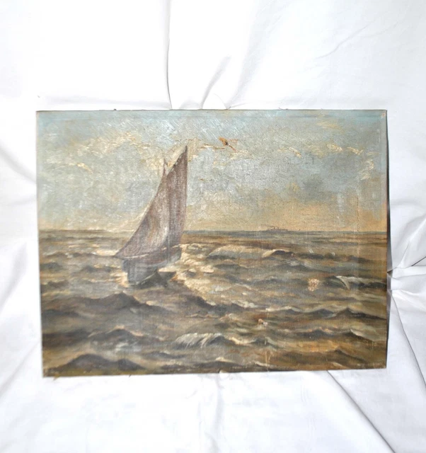 TABLEAU ANCIEN 1900 Huile sur toile MARINE Voilier Paquebot Tempête océan 35x45 EUR 128,00 ...