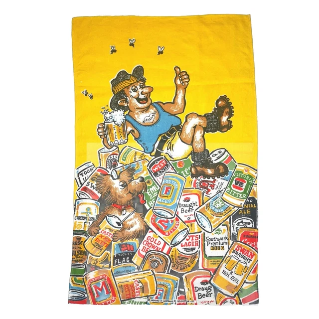 VINTAGE NUCOLORVUE AUSTRALIAN Aussie Ocker Beer Cans Tea Towel - 45cm x ...