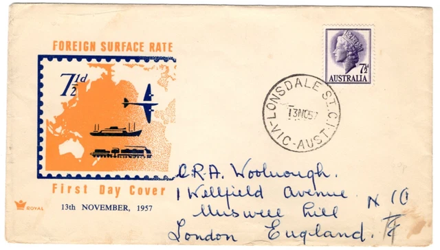 1957 NOV 13TH. Royal First Day Cover. 7 1/2d Queen Elizabeth II. $9.50 ...