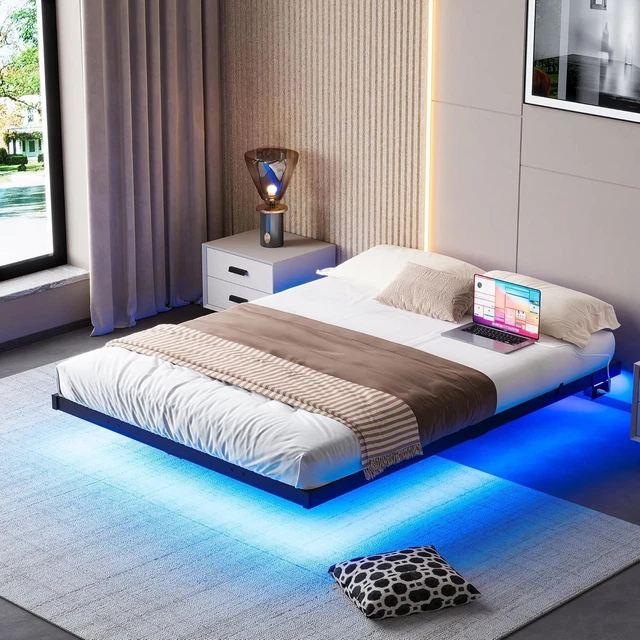 DOUBLE BED FRAME Floating Bed Frame with LED Lights,4ft6 Metal Platform ...