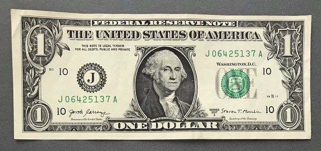 $1 ONE DOLLAR Note True Broken Ladder J 06425137 A, #'s 0-7 each appear ...