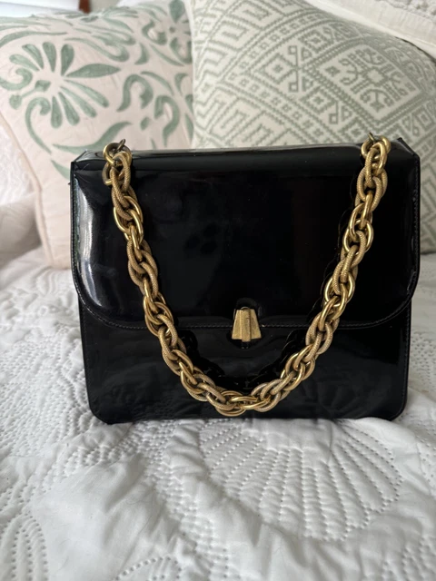 VINTAGE 1950'S ? Black Patent Leather Structured Box Handbag Stylish ...