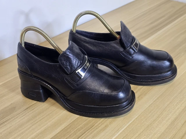 KICKERS VINTAGE STYLE Chunky Heel Loafers with Silver Logo Plate ...
