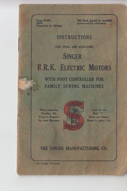 SINGER SEWING MACHINE instruction booklet BFK electric motor type foot ...