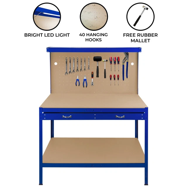 BLUE WORKBENCH PEGBOARD Drawer Light Tool Garage Heavy Duty Steel ...