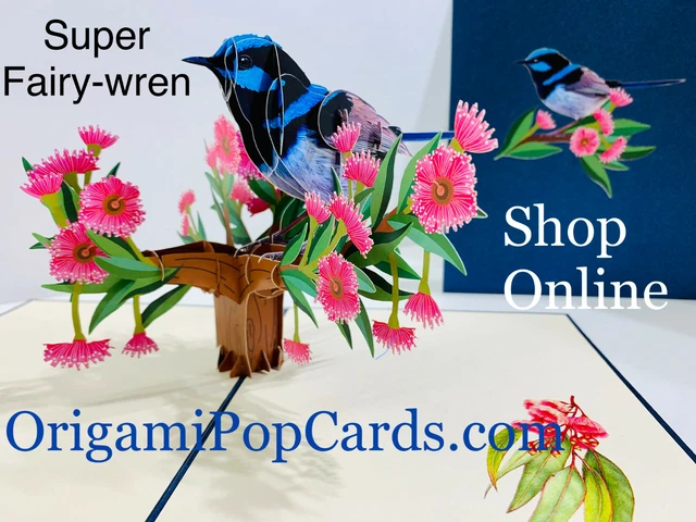 ORIGAMI POP CARDS Blue Wren Aussie Bird Card 3D Pop Up Greeting Card ...