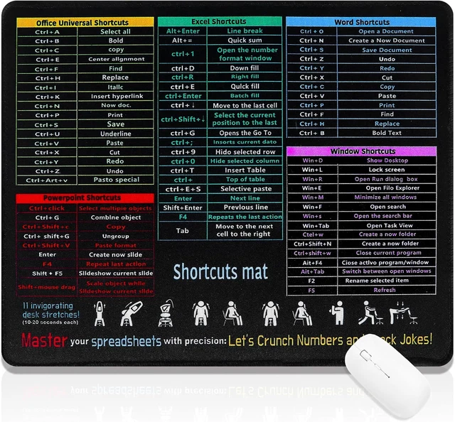 EXCEL SHORTCUTS MOUSEPAD, 26X21X0.2Cm Excel Cheat Sheet Desk Pad, Non ...