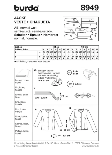 BURDA 8949 MISSES JACKET Sewing Pattern Sizes 8 - 20 Skill: EASY $17.77 ...