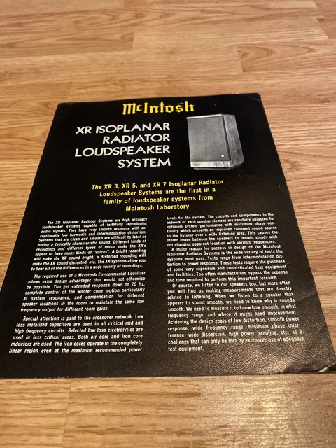 MCINTOSH XR ISOPLANAR Radiator Loudspeaker System Brochure $27.00 ...