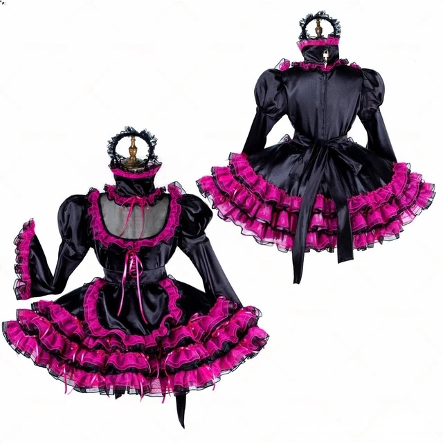 SEXY MAID SISSY Girl Lockable Black Satin Dress cosplay costumes Tailor ...