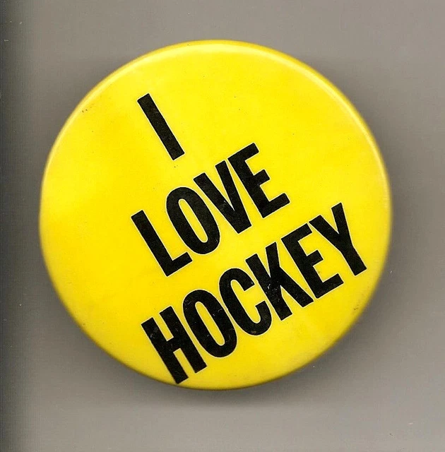 Vintage 1970s Andi Love Hockey Pin Back Button Badge Sports Yellow