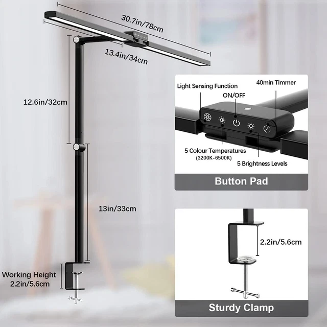 LED DESK LAMP 24W 78cm Double Head Clamp Eye Care Dimmable With Sensor ...