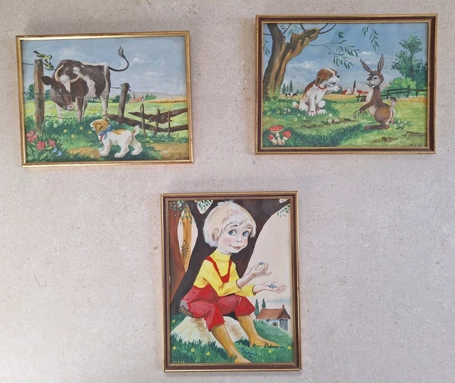 VINTAGE OIL PAINTING Farm Scene. Cow Dog And Rabbit Painting 1960 $261. ...