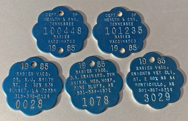 LOT OF 5 Dog License Tags Tokens: 1985 VACCINATED AGAINST RABIES; TN ...