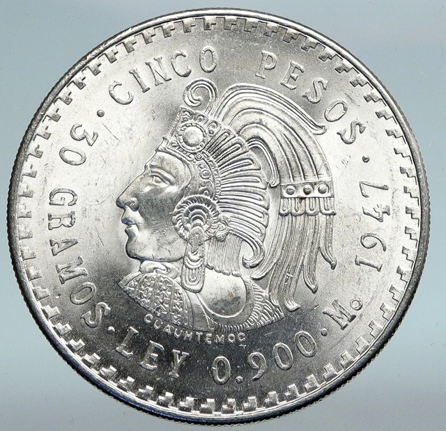 1947 MEXICO AZTEC Chieftain CUAUHTEMOC Eagle Genuine Silver 5 Peso Coin ...