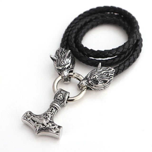 HERREN NORDISCHE WIKINGER Wolf & Thor Hammer Silber Mjolnir Anhänger Halskette EUR 11,27 ...