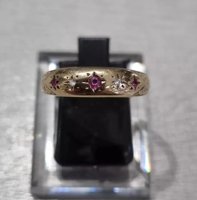 9CT YELLOW GOLD Vintage Ruby Diamond Gypsy Flush Set Band Ring Size P £ ...