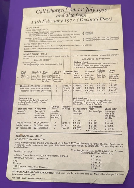 VINTAGE TELEPHONE CALL Charges 1971 leaflet £9.19 - PicClick UK