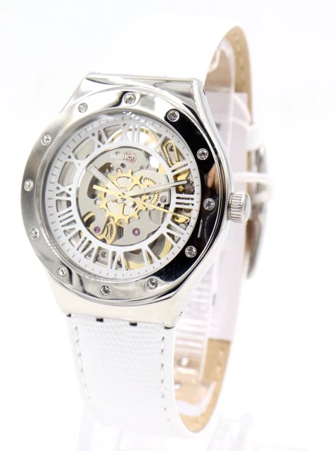 NEW SWISS SWATCH Irony ROSETTA BIANCA White Leather Automatic Watch ...