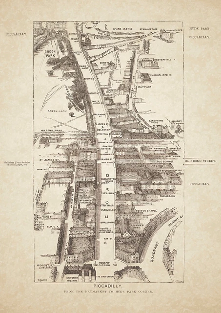 OLD LONDON MAP - Birds eye view of Piccadilly from The Haymarket 1885 ...
