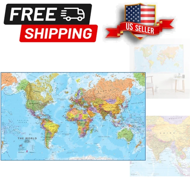 VIBRANT FULL-LAMINATED WORLD Map 46 x 80 - Features Political Details ...