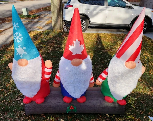 6' GEMMY AIRBLOWN INFLATABLES Christmas GNOME TRIO on Log Scene Yard ...