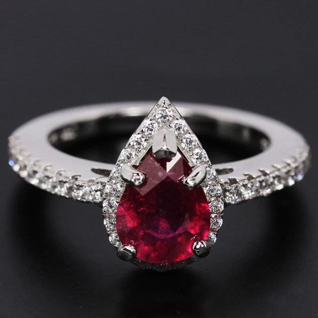 GENUINE BLOOD RED Ruby Pear & White Cz Sterling 925 Silver Ring Size 7 ...