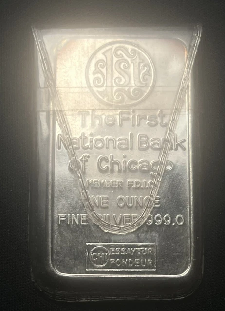 VINTAGE FIRST NATIONAL Bank Of Chicago 1oz .999 Fine Silver Art Bar £47 ...