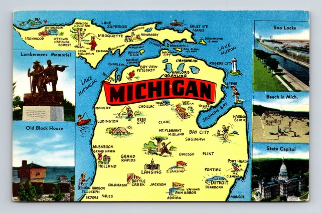 PICTORIAL TOURIST MAP Multi-View Attractions Greetings from Michigan MI ...