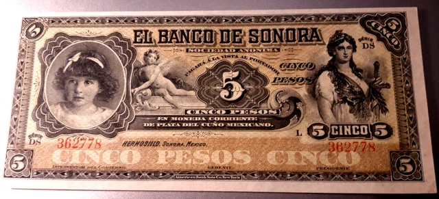 RARE VERY RARE Mexico 5 pesos banco de sonora 1899-may-15 rareté 92 ...